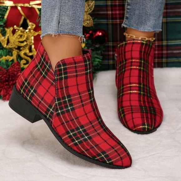 SHEIN | Shoes | New Low Heel Red Plaid Pointed Toe Boots | Poshmark